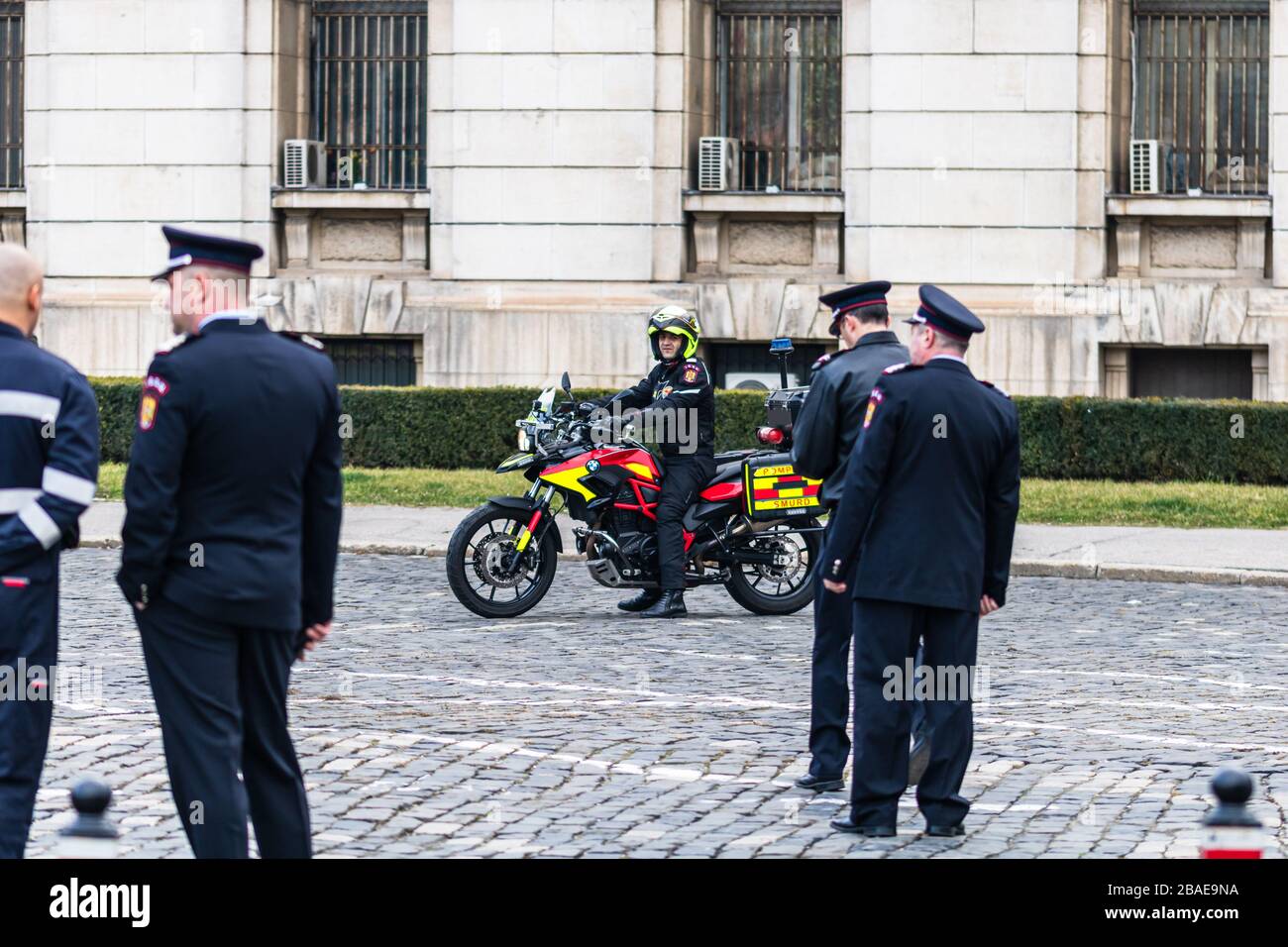 Romanian Firefighting emergency firemen (Pompierii) on motorbike parked ...