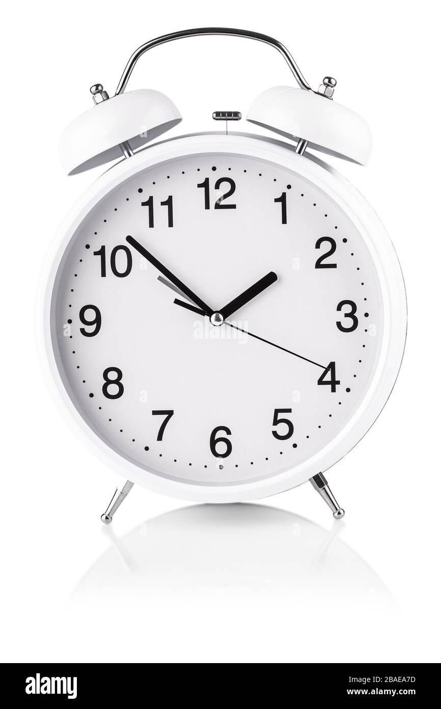 The white Alarm clock isolated on white background Stock Photo - Alamy