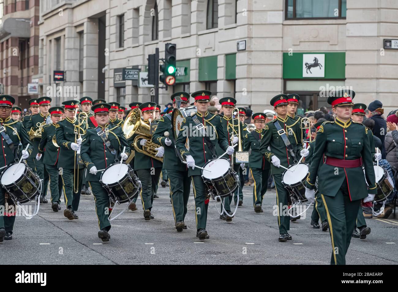 Marching military band at the Lord Mayor of London Parade in the City ...