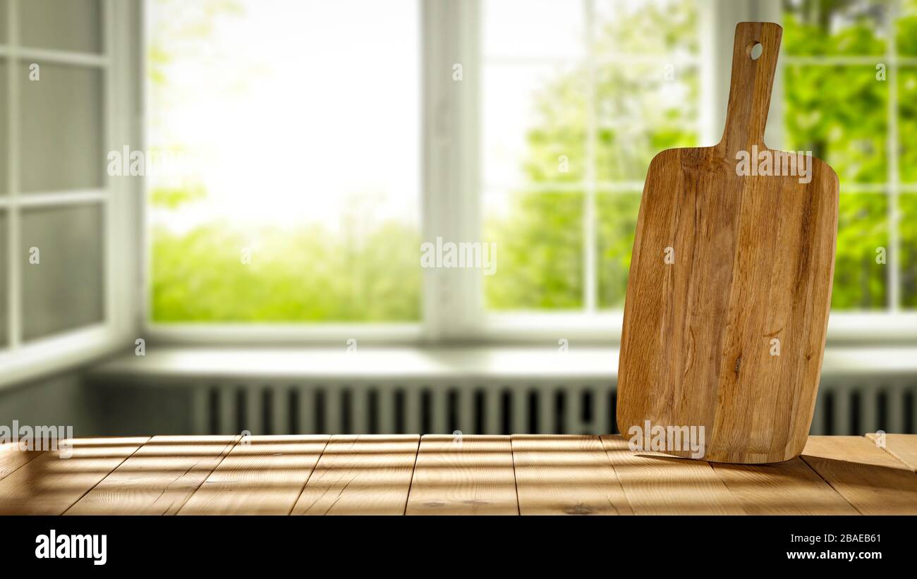 Kitchen interior and wooden table background with copy space for food ...