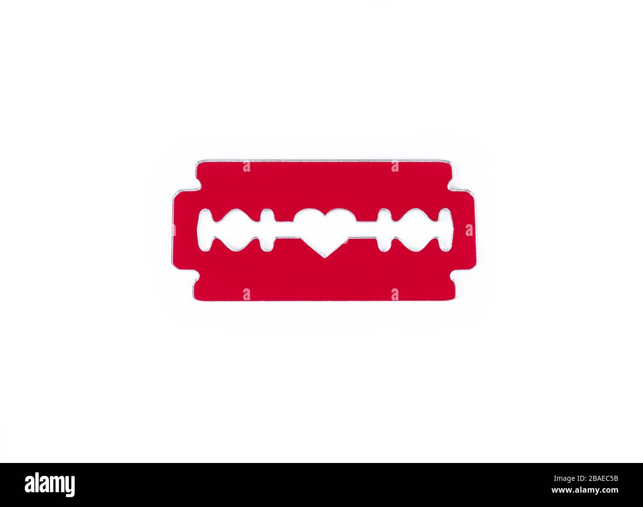 A red razor blade with a heart-shaped opening in the middle isolated on ...