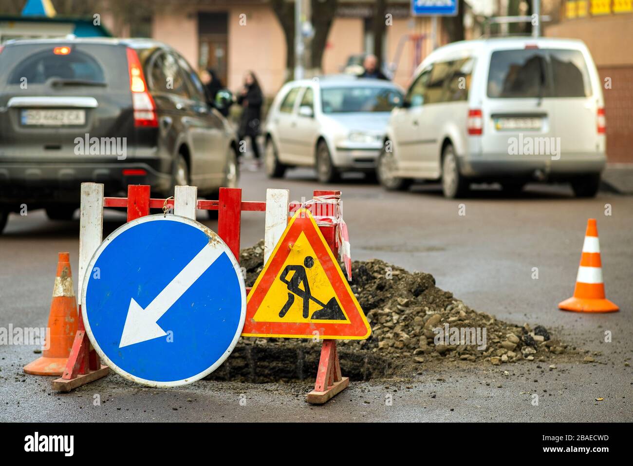 Warning street sign on road work site Stock Photo - Alamy