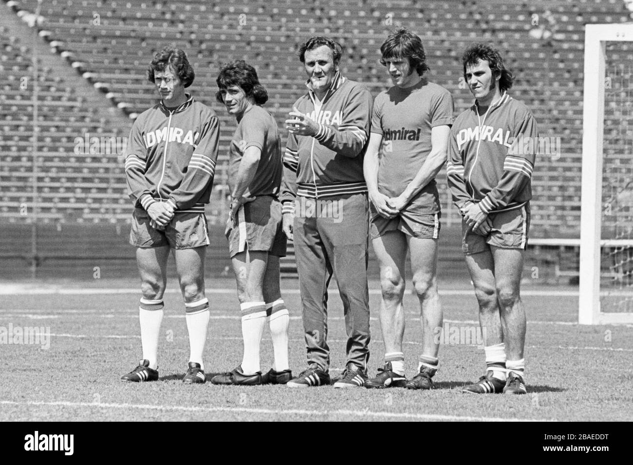 England manager Don Revie, centre, with England team members, left to ...