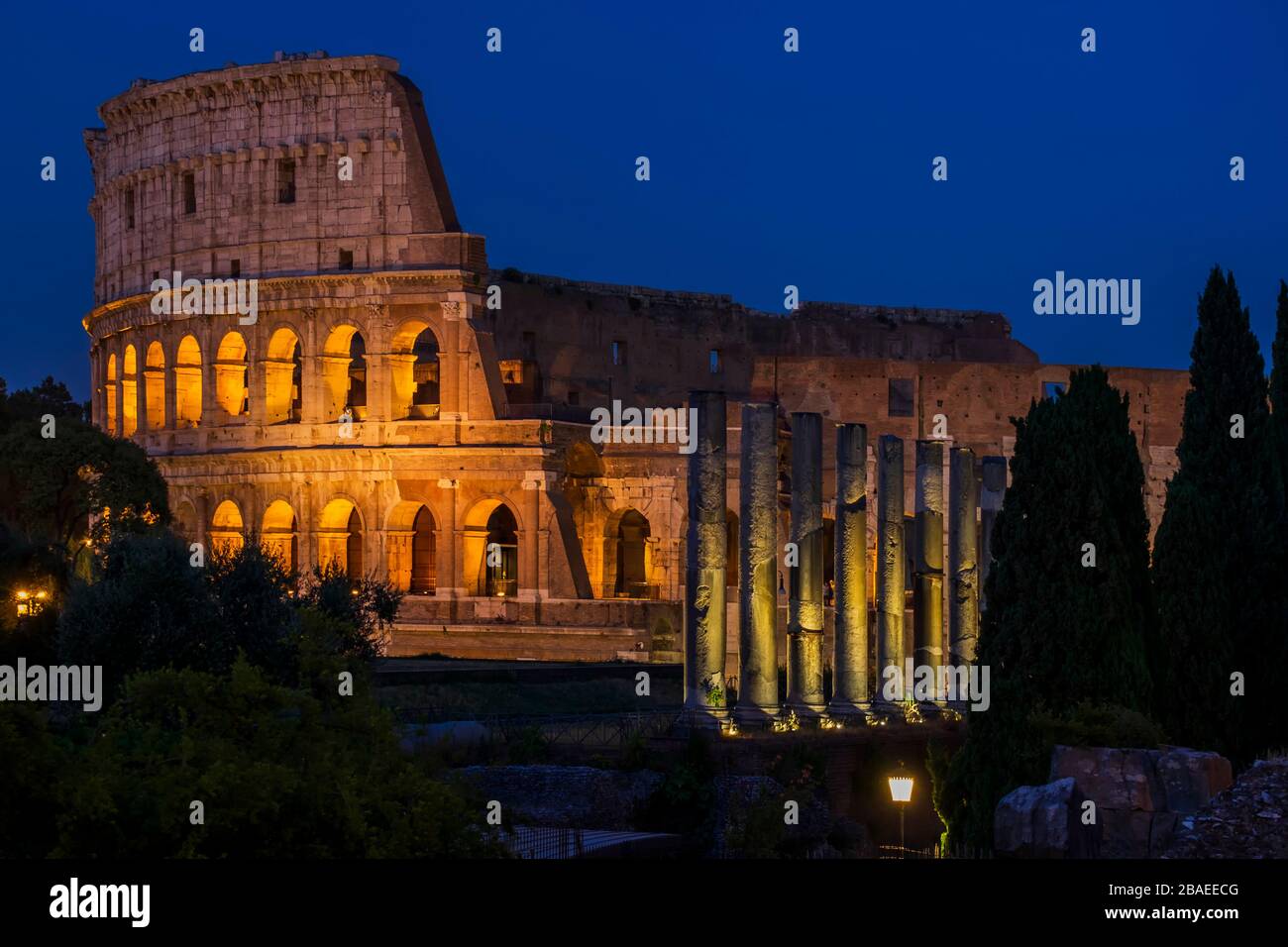 Night view of the Colisseum. Vibrant real colours. Rome, Italy Stock ...