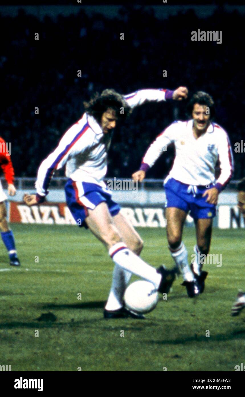 L-R England's Mick Channon shoot's for goal watches by teammate Frank ...