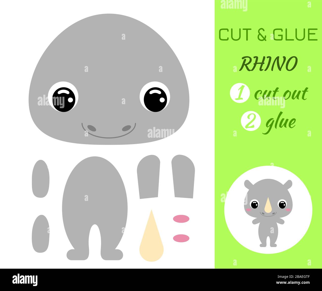 Cut and glue baby rhino. Color paper application game. Educational ...