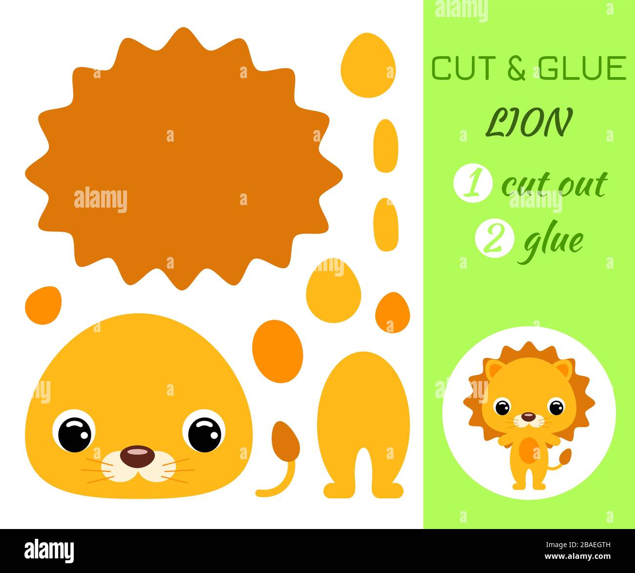 Cut and glue baby lion. Color paper application game. Educational paper ...
