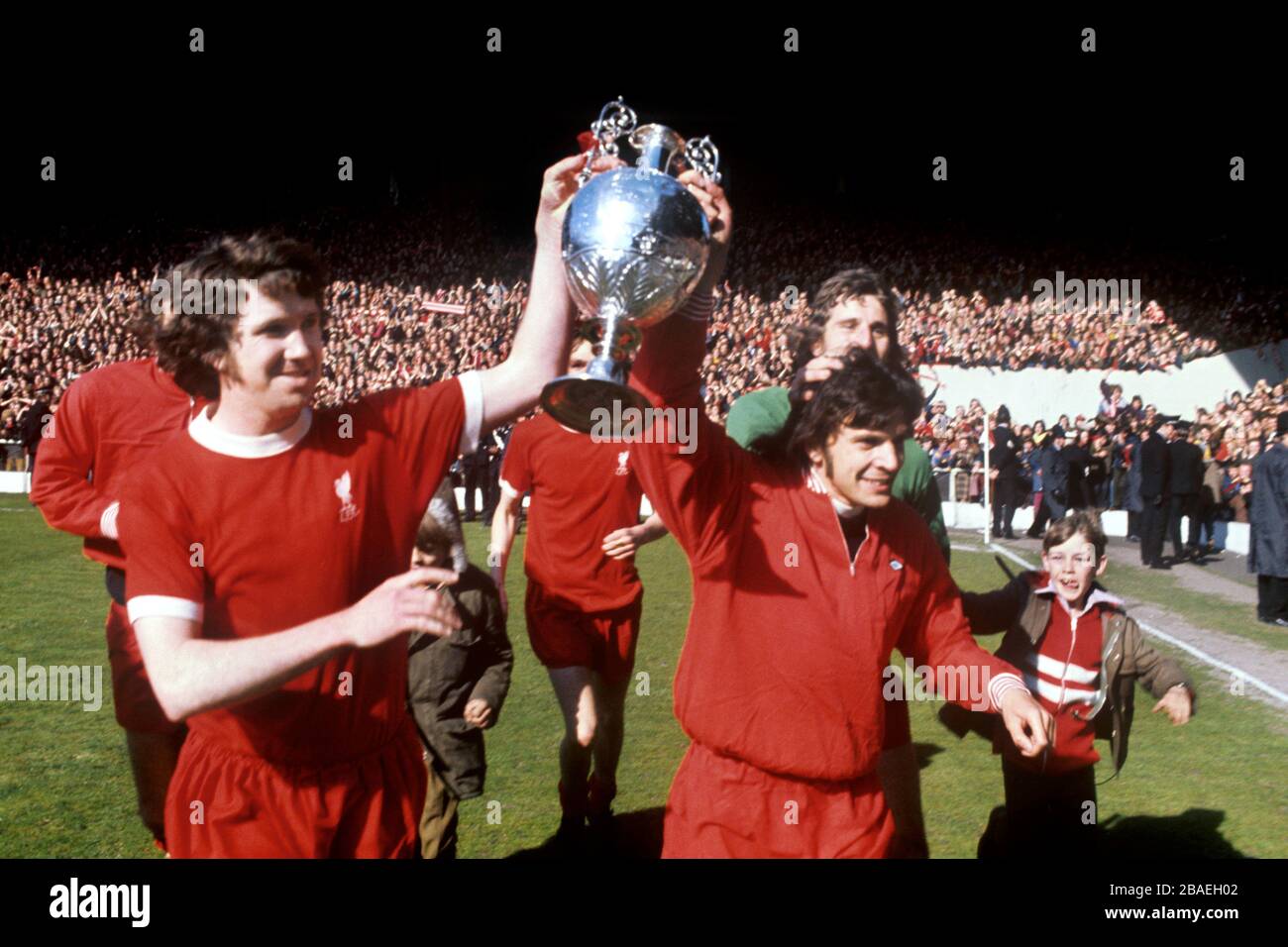 Liverpool's Chris Lawler (l) and Peter Cormack (r) celebrate winning ...