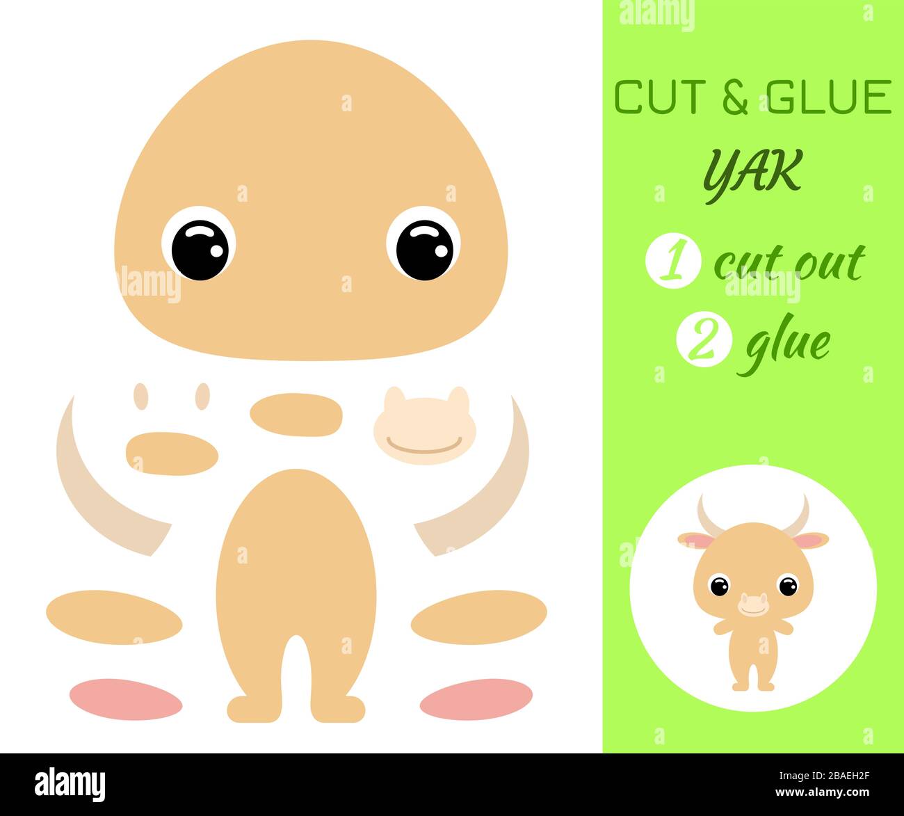 Cut and glue baby yak. Color paper application game. Educational paper ...