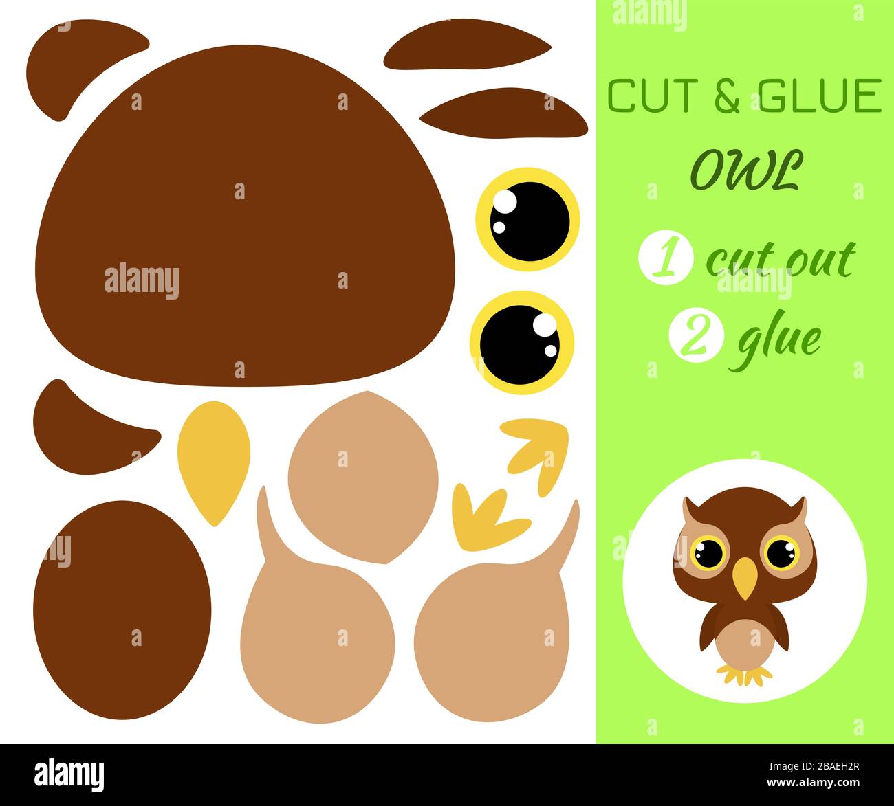Cut and glue baby owl. Color paper application game. Educational paper ...