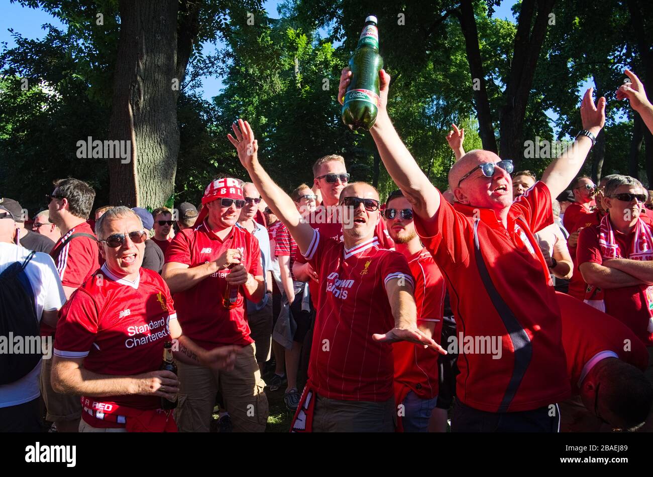 Kyiv, Ukraine - May, 2018: Liverpool fans have fun and drinking beer in ...