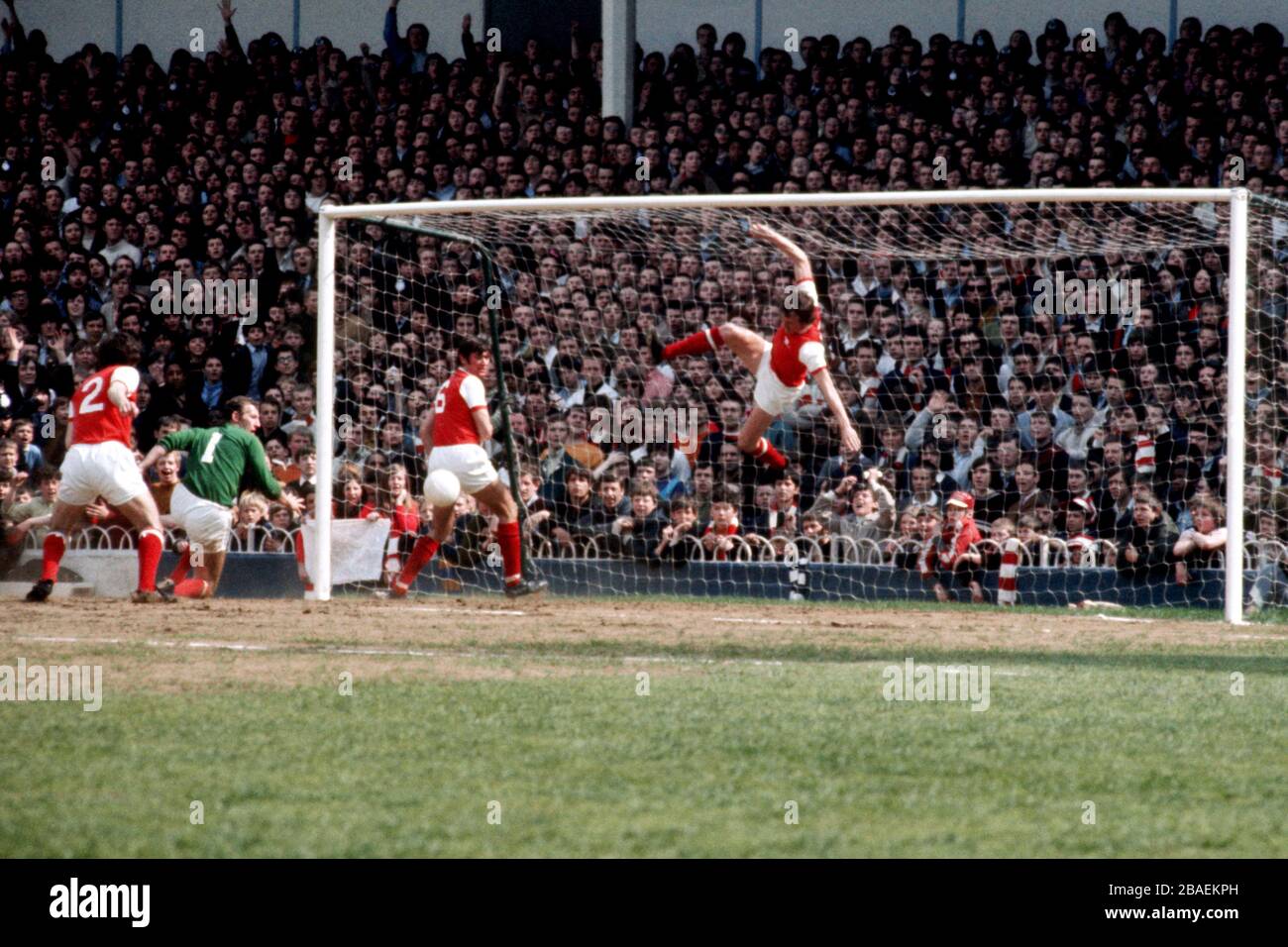 Arsenal's Bob McNab (far right) clears off the line as teammates (l-r ...