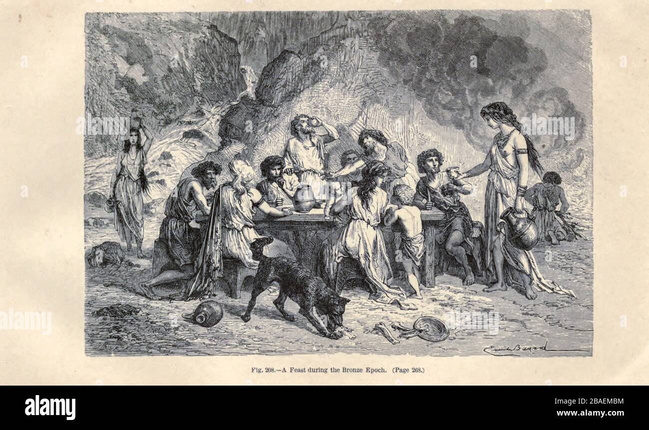 Feast during the Bronze Age according to the French illustrator Emile ...