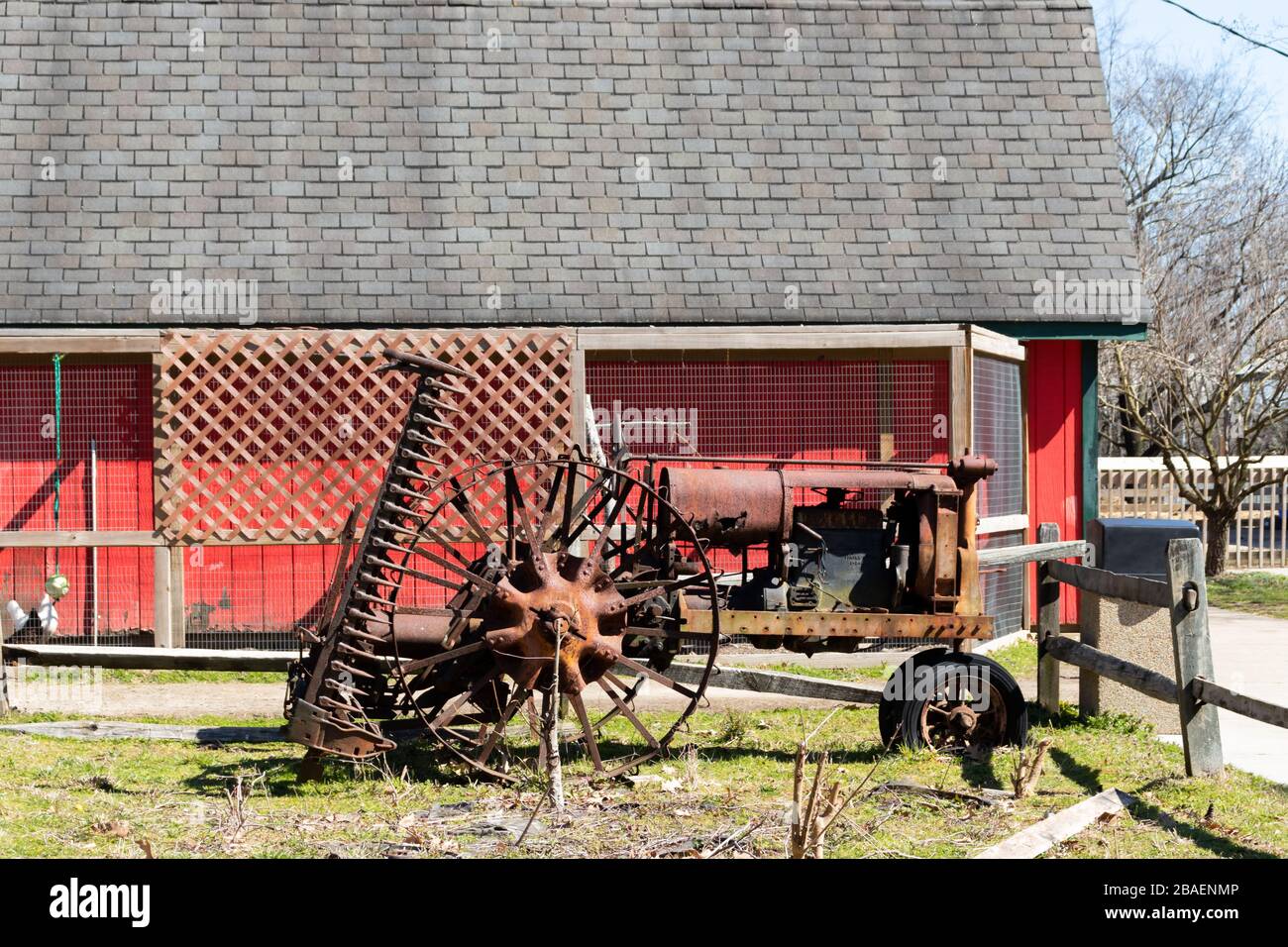 Hampton,VA/USA-March 1,2020: An old rusty tractor and plough on display ...