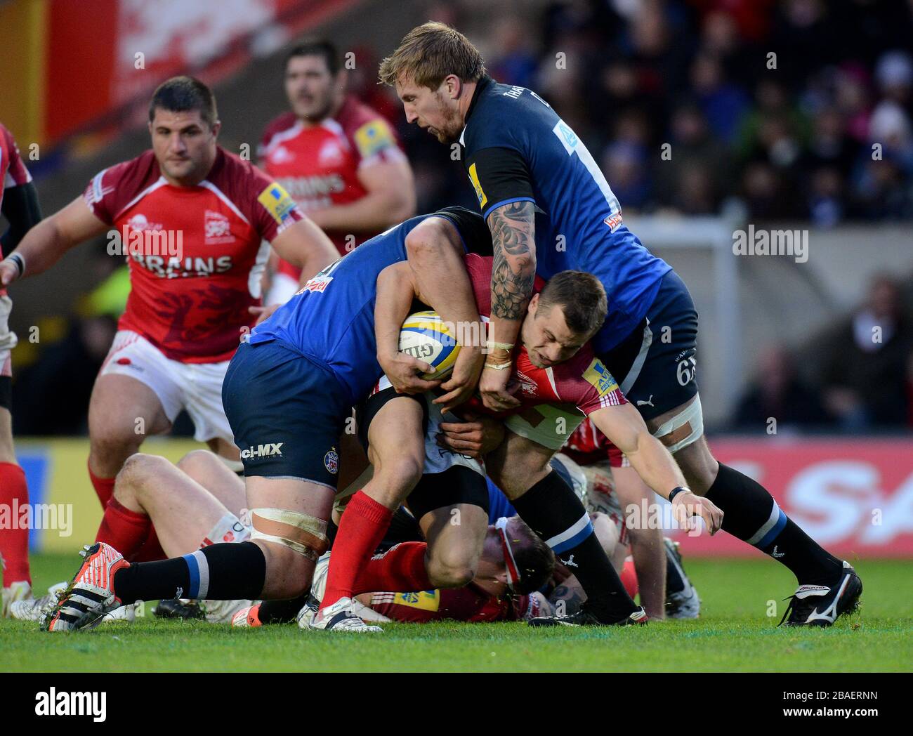 London Welsh's Tyson Keats tackled by Bath Rugby's Dave Attwood (left ...