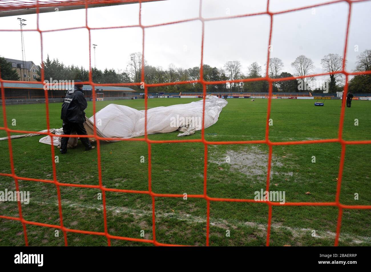 A general view of a waterlogged Cressing Road, home of Braintree Town ...