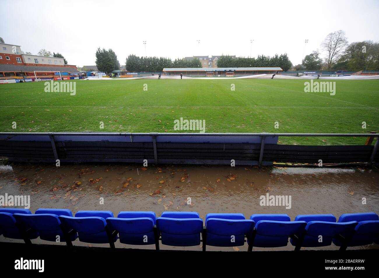 A general view of a waterlogged Cressing Road, home of Braintree Town ...