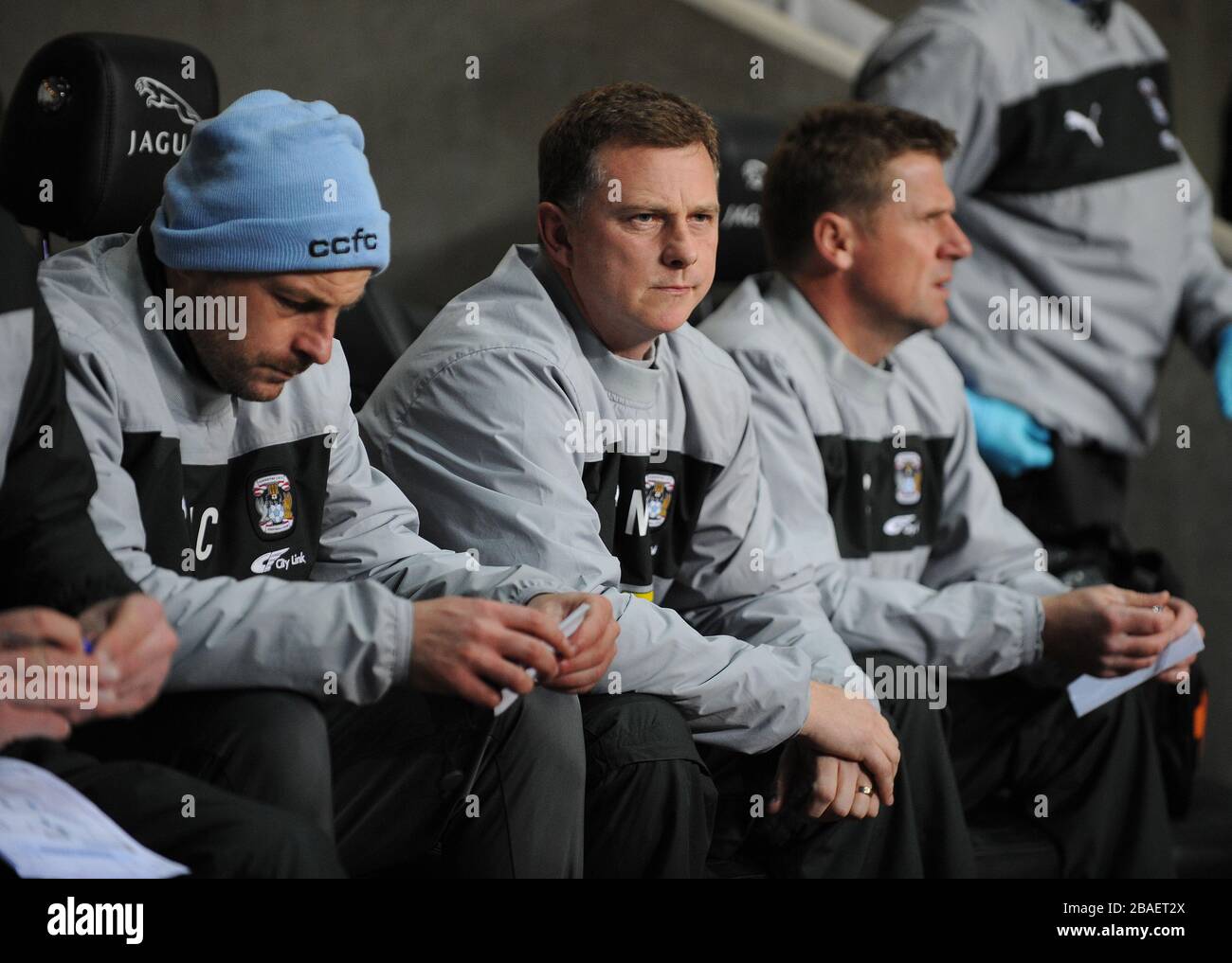 Coventry City's manager Mark Robins (centre) on the bench Stock Photo ...