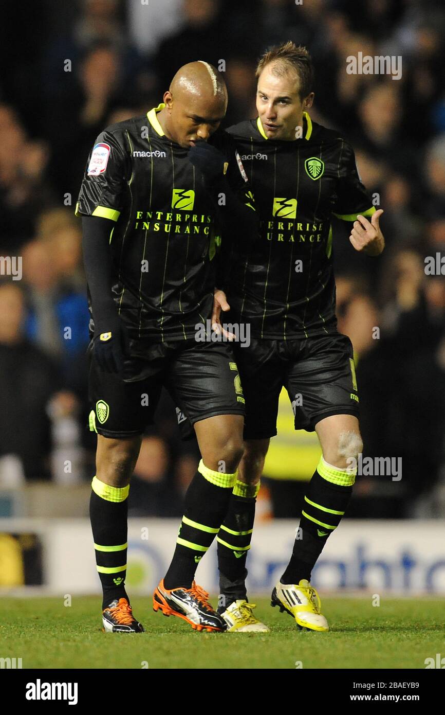 Leeds United's El Hadji Diouf with Luke Varney after scoring the ...