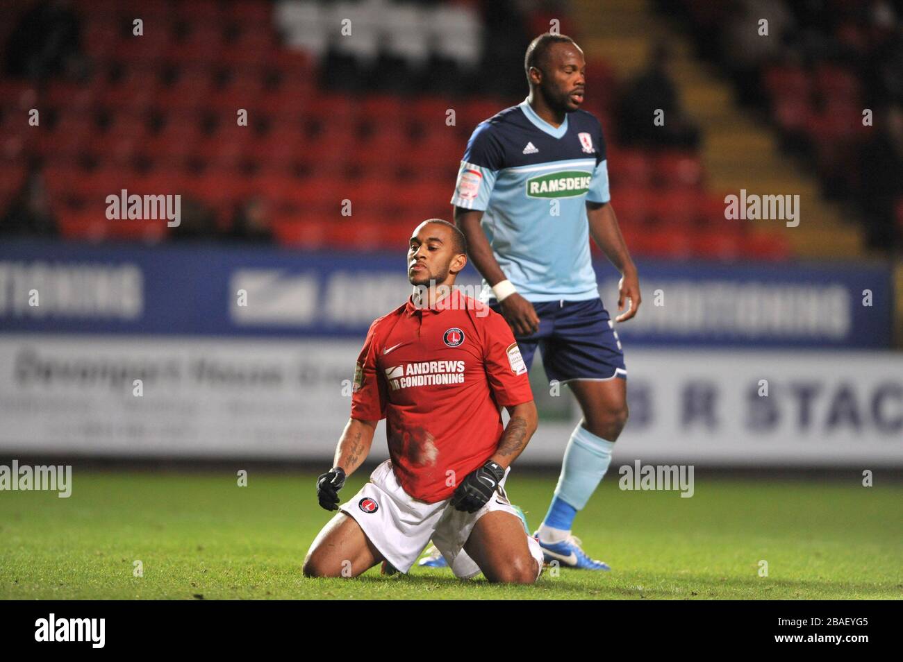 Charlton Athletic's Danny Haynes (left) shows dejection at a missed ...