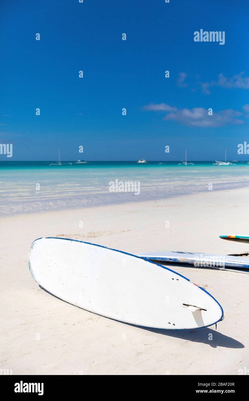 surfboard on the white beach shore, Boracay,Philippines Stock Photo - Alamy