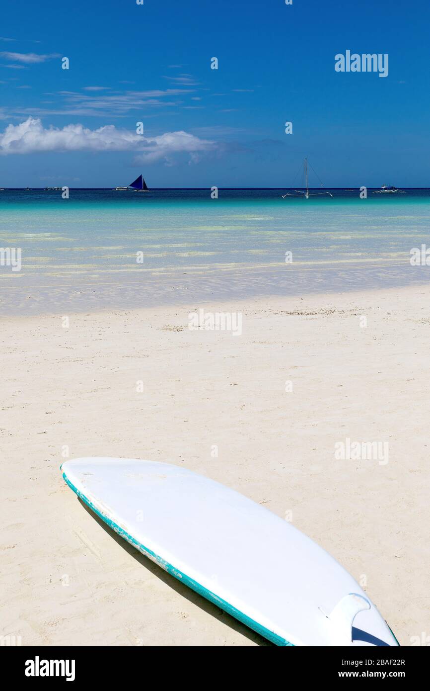 surfboard on the white beach shore, Boracay,Philippines Stock Photo - Alamy