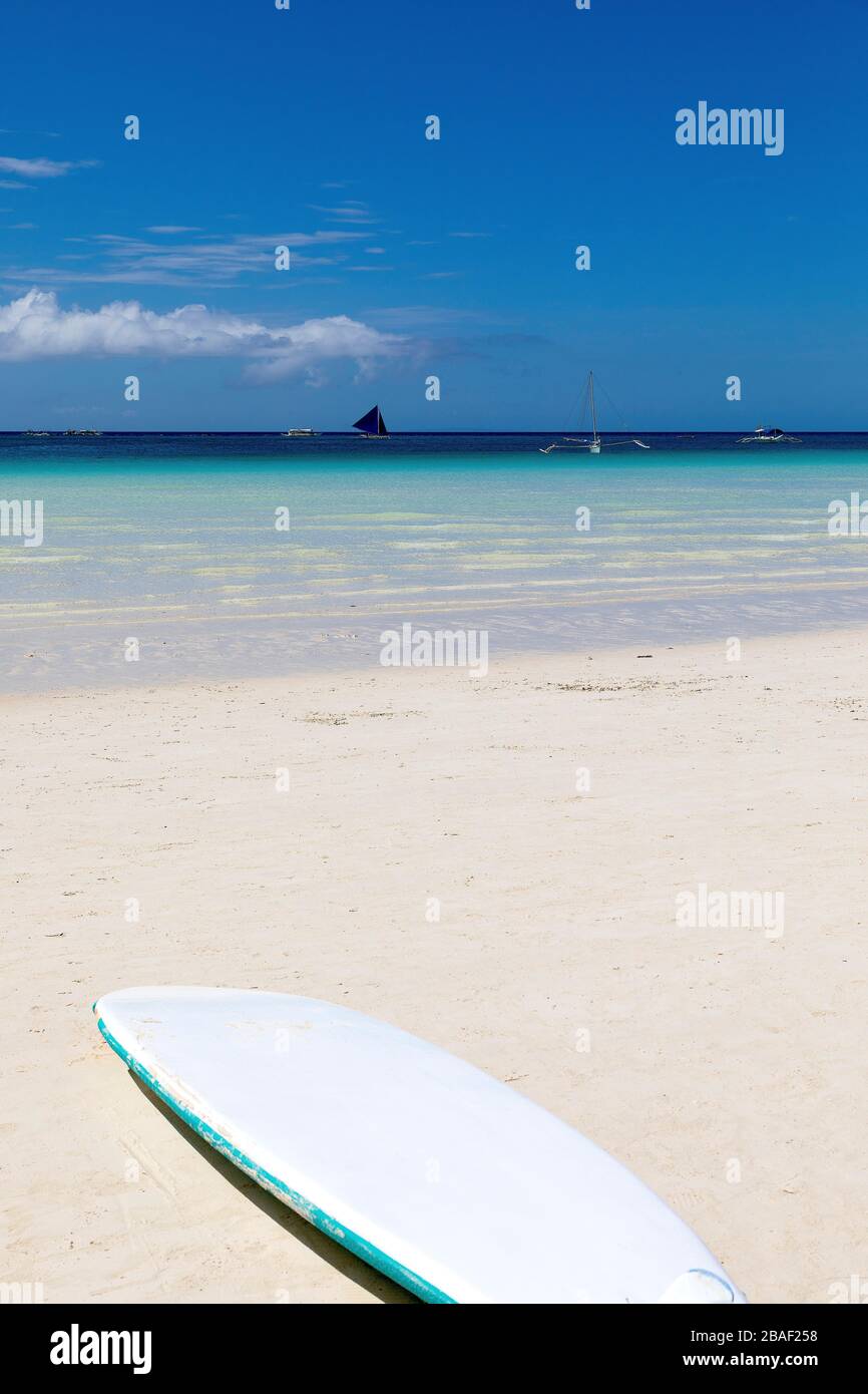 surfboard on the white beach shore, Boracay,Philippines Stock Photo - Alamy