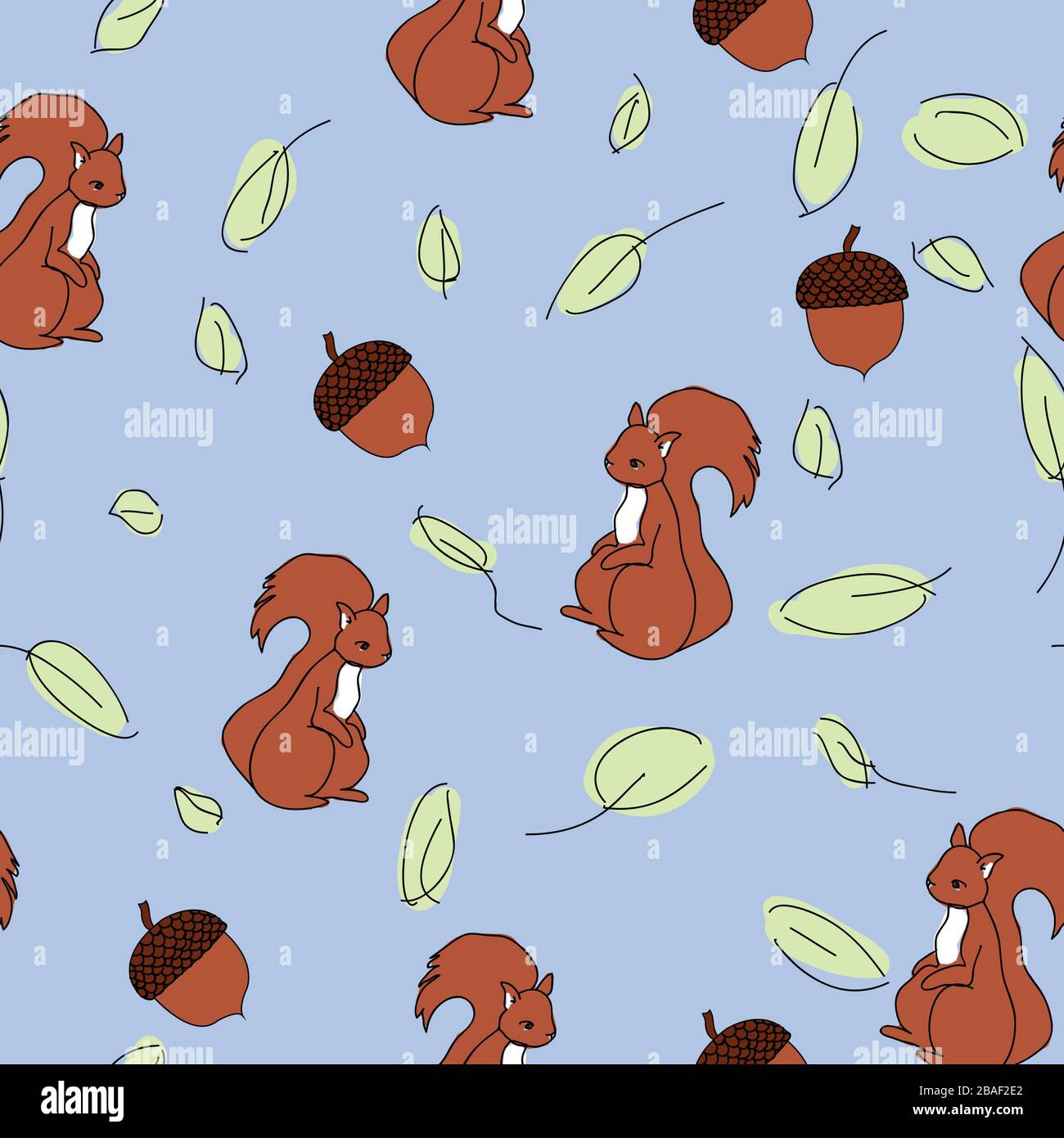 Squirrels among leaves and acorns on blue background , seamless vector repeat pattern, surface ...