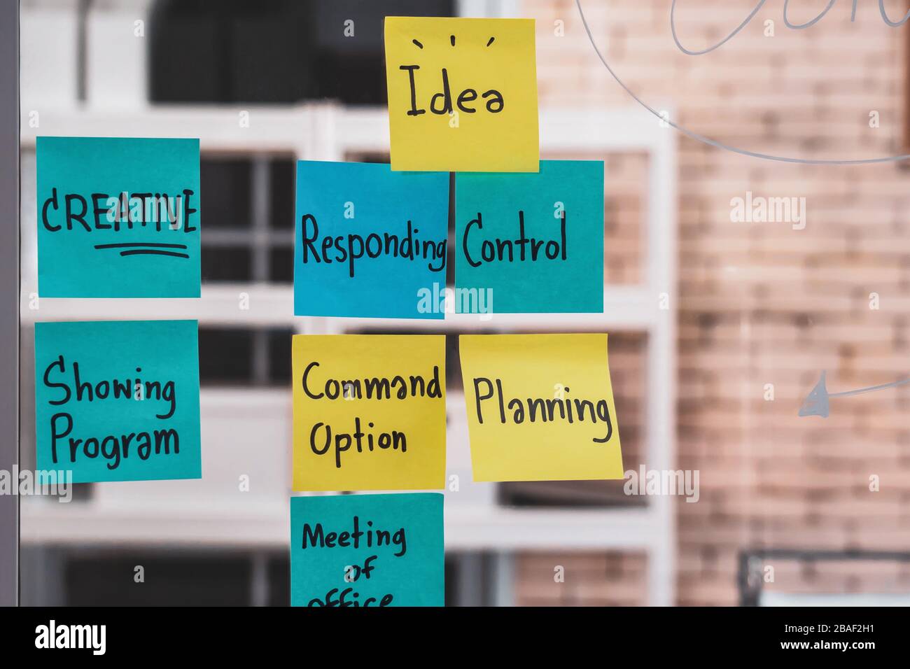 Various post it notes of business strategy wording over the glass wall ...