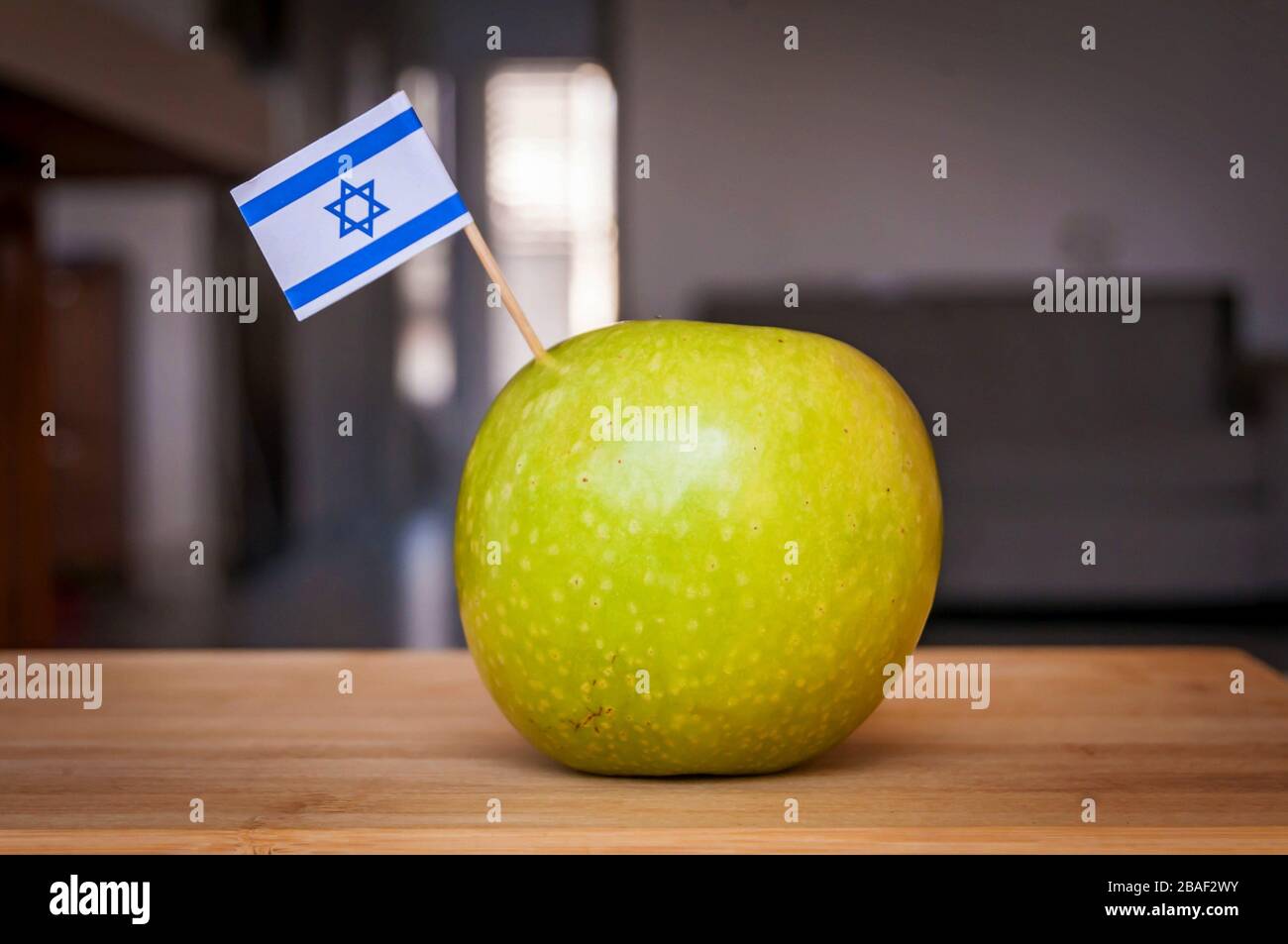 Granny Smith green apple grown in Israel with a little Israeli flag ...