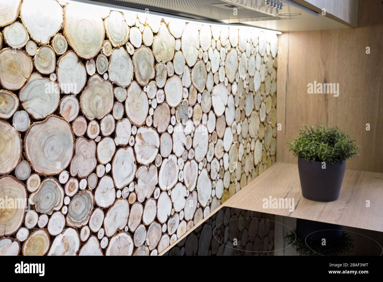 Modern kitchen interior with hob and surface behind the countertop ...