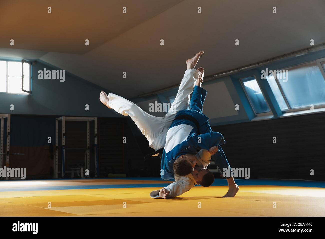 Two young judo caucasian fighters in white and blue kimono with black ...