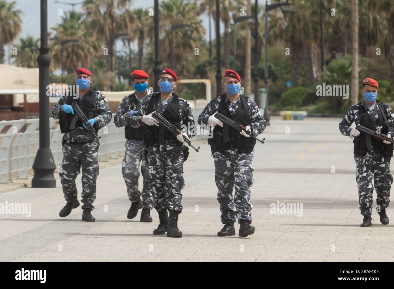 Beirut, Lebanon. 27 March 2020. Armed Lebanese police wearing ...