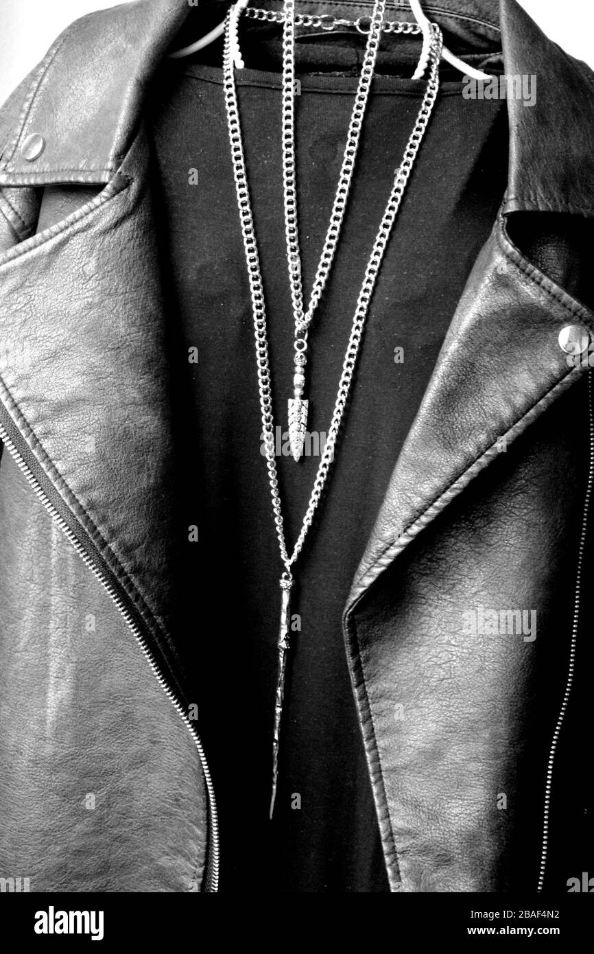 Leather jacket with metal jewelry, fashion grunge style photo Stock ...
