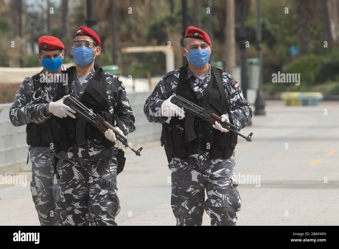 Beirut, Lebanon. 27 March 2020. Armed Lebanese police wearing ...