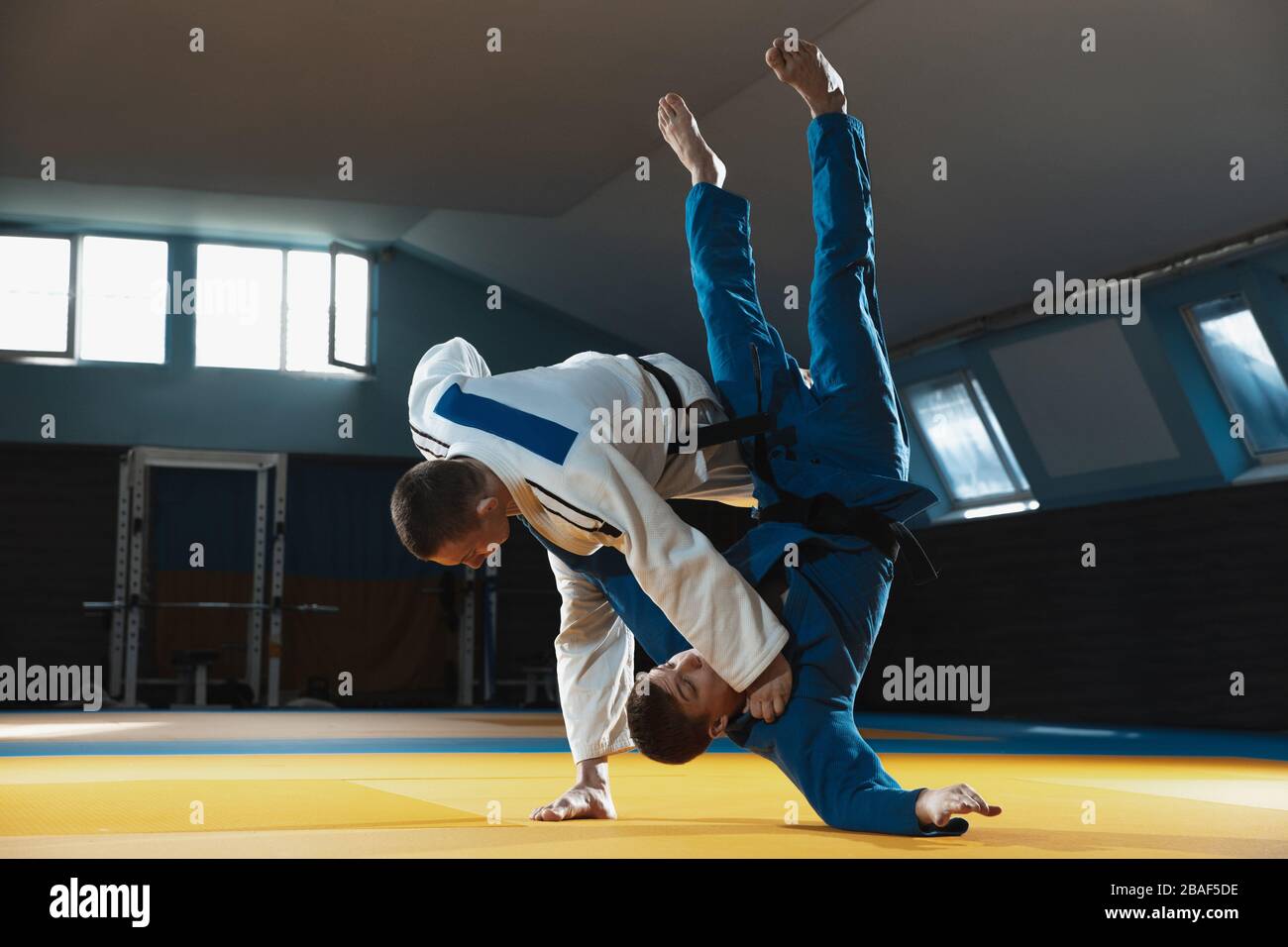 Two young judo caucasian fighters in white and blue kimono with black ...