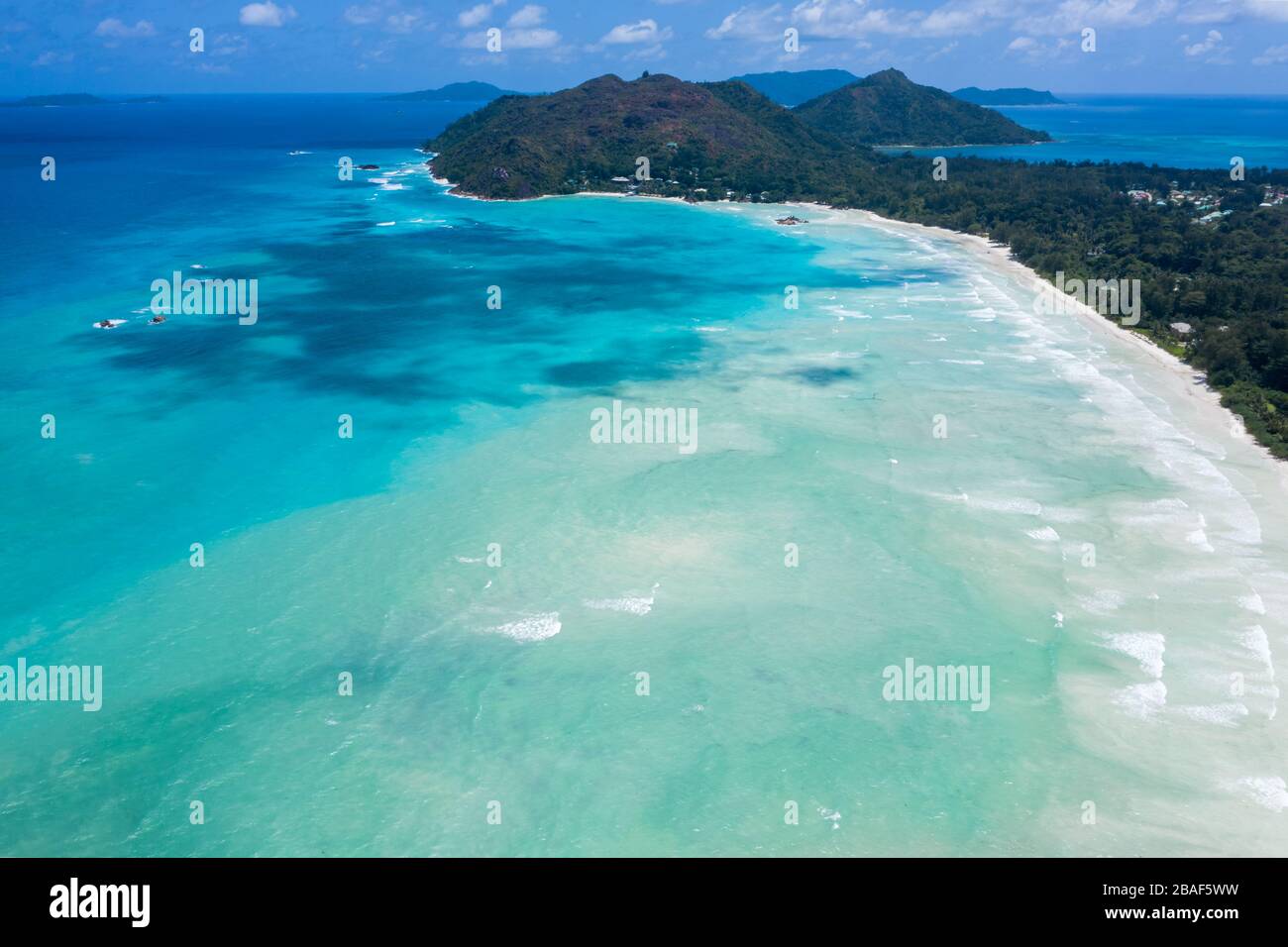 Anse Volbert aerial beach view Praslin Island Seychelles Stock Photo ...