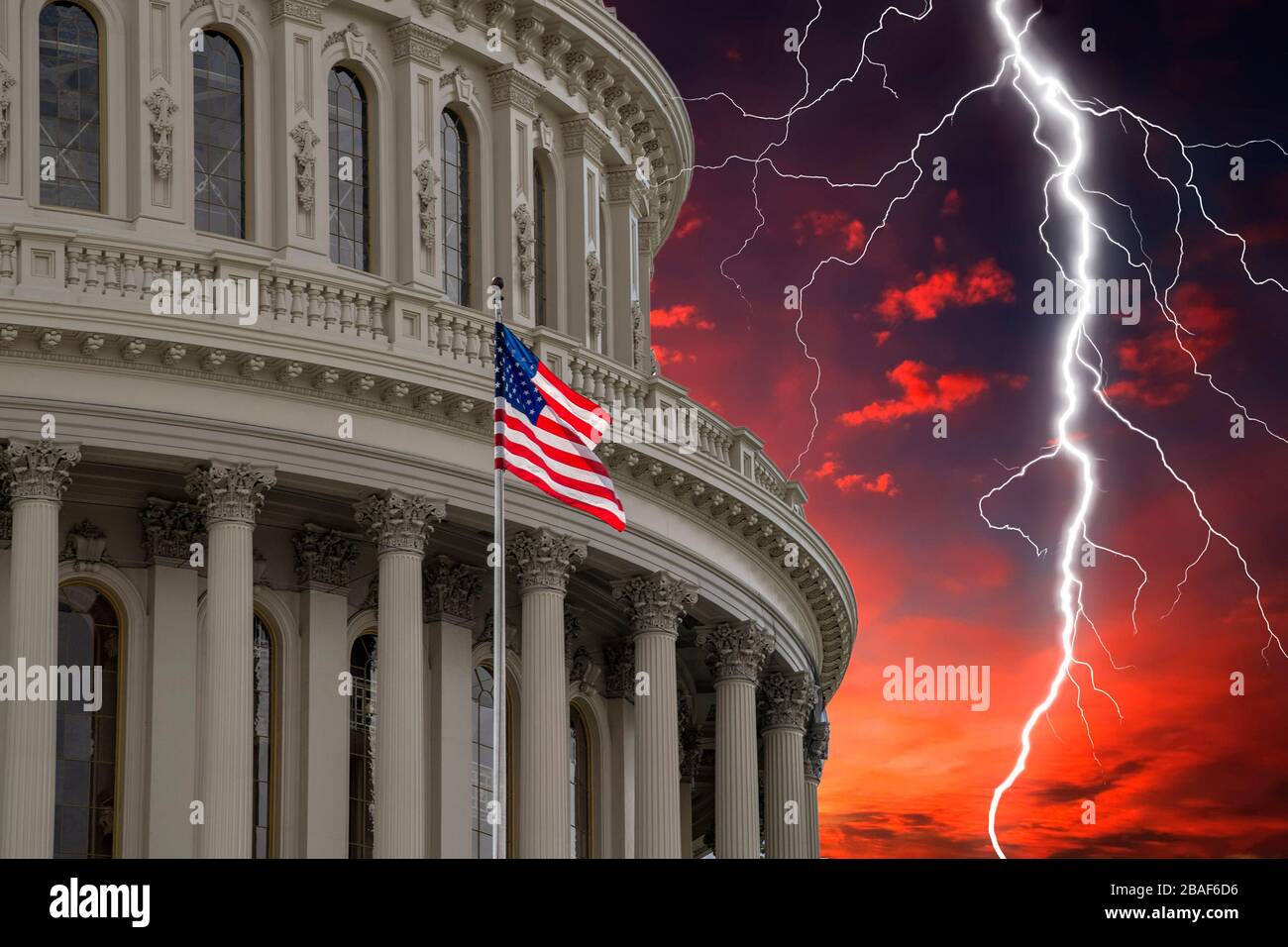 lightning on Washington DC Capitol dome red sunset dramatic sky Stock ...