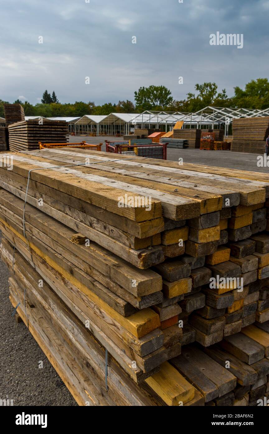 Stand construction of a regional fair, tent construction, wooden posts ...