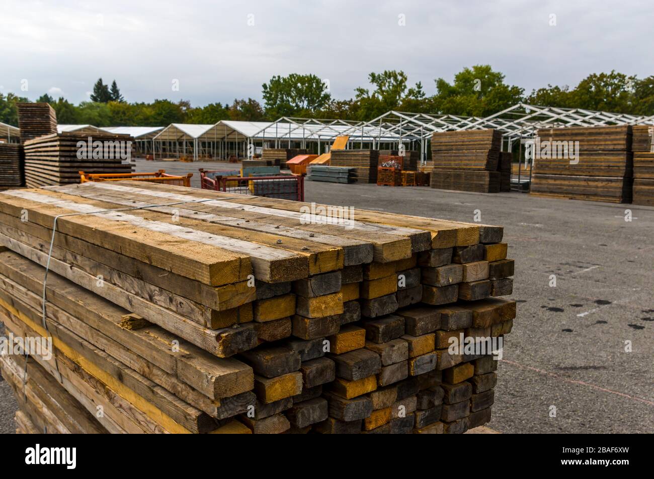 Stand construction of a regional fair, tent construction, wooden posts ...