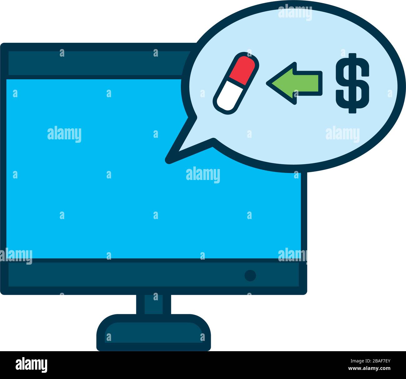 shopping online concept, computer with speech bubble with medical pills ...
