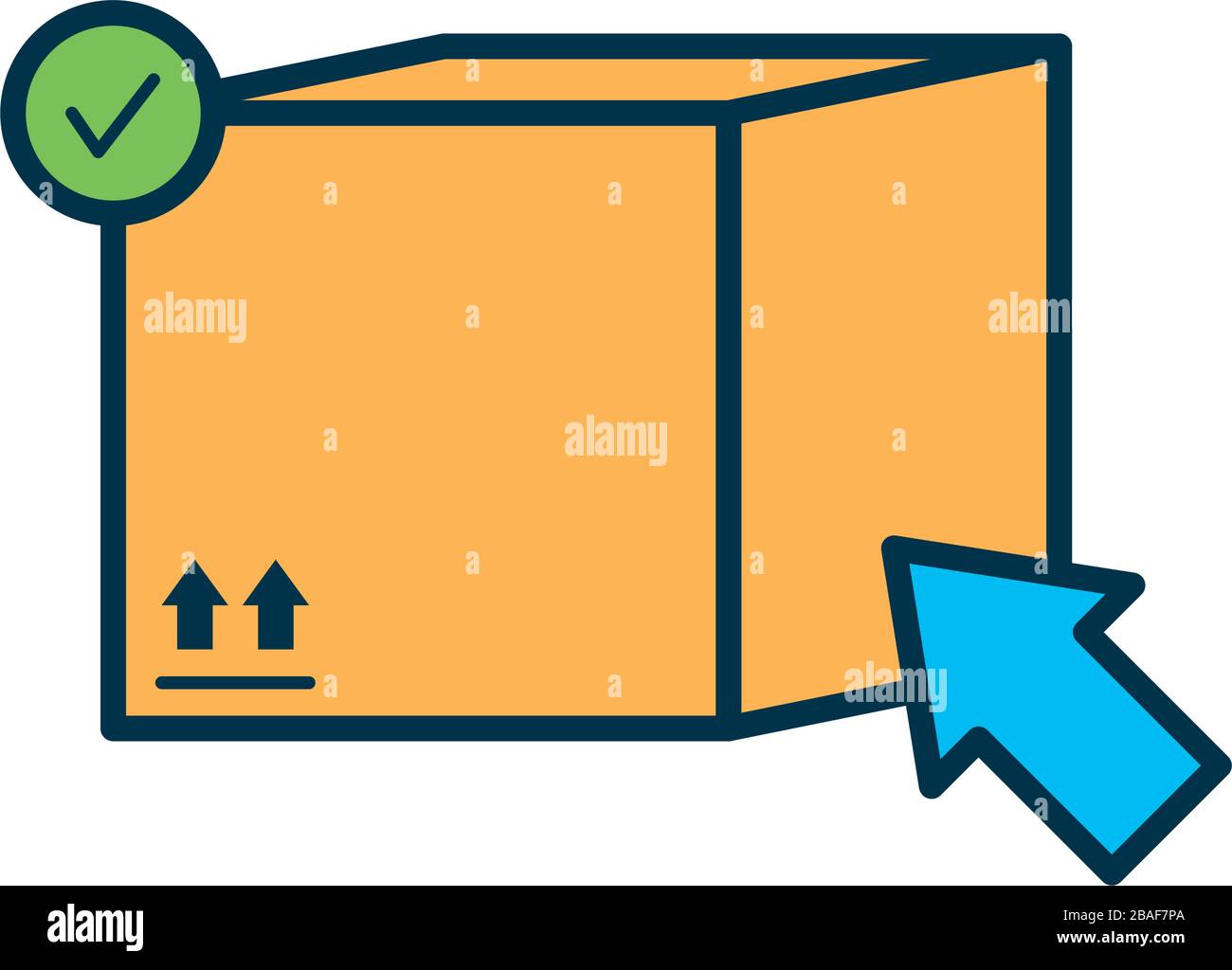 package box with check and web cursor icon over white background, line ...