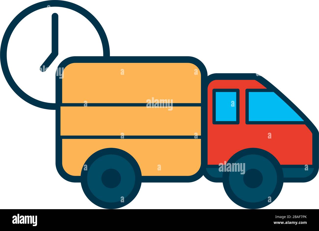 clock and cargo truck icon over white background, line and fill style ...