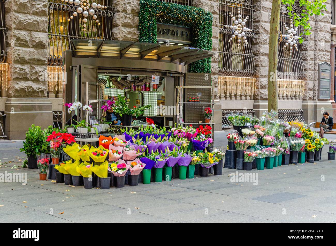 A small flower shop in front of Paspaley Building, Martin Place, Sydney ...