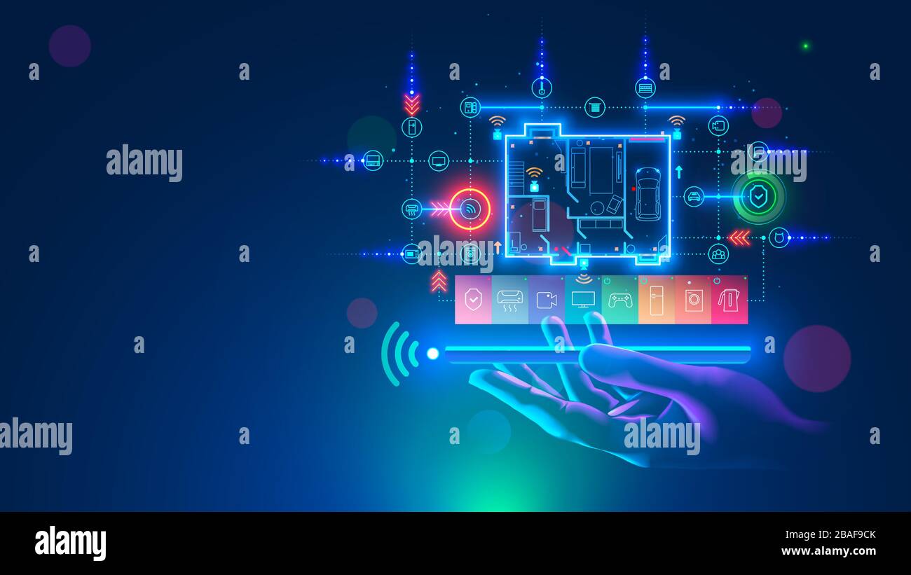 Smart home over screen of smartphone in hand, side view. App of mobile ...