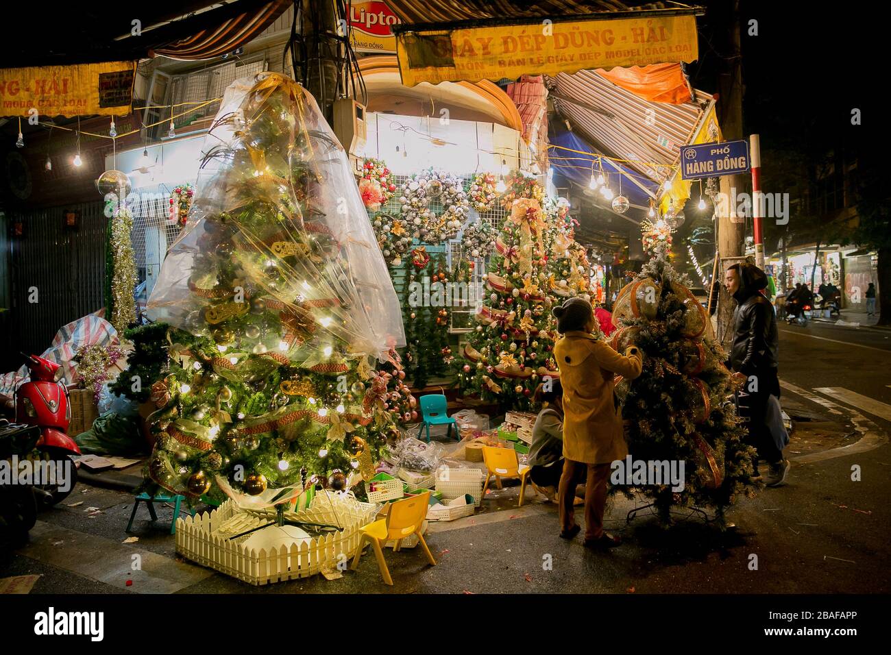 Christmas trees and decorations for sale on a corner of the Old Quarter ...