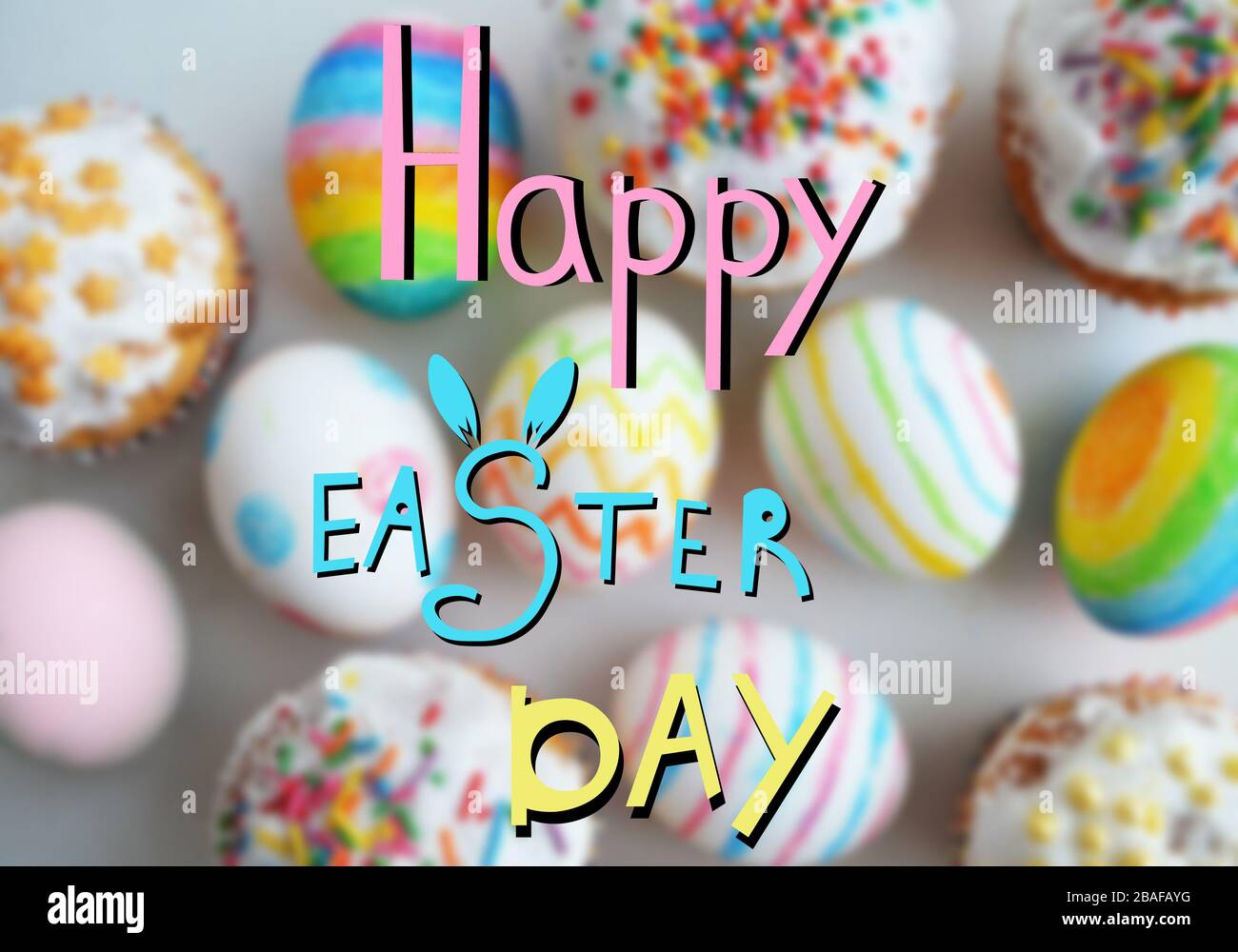 Easter. Colored eggs and cakes. Lettering, congratulations. Design for ...