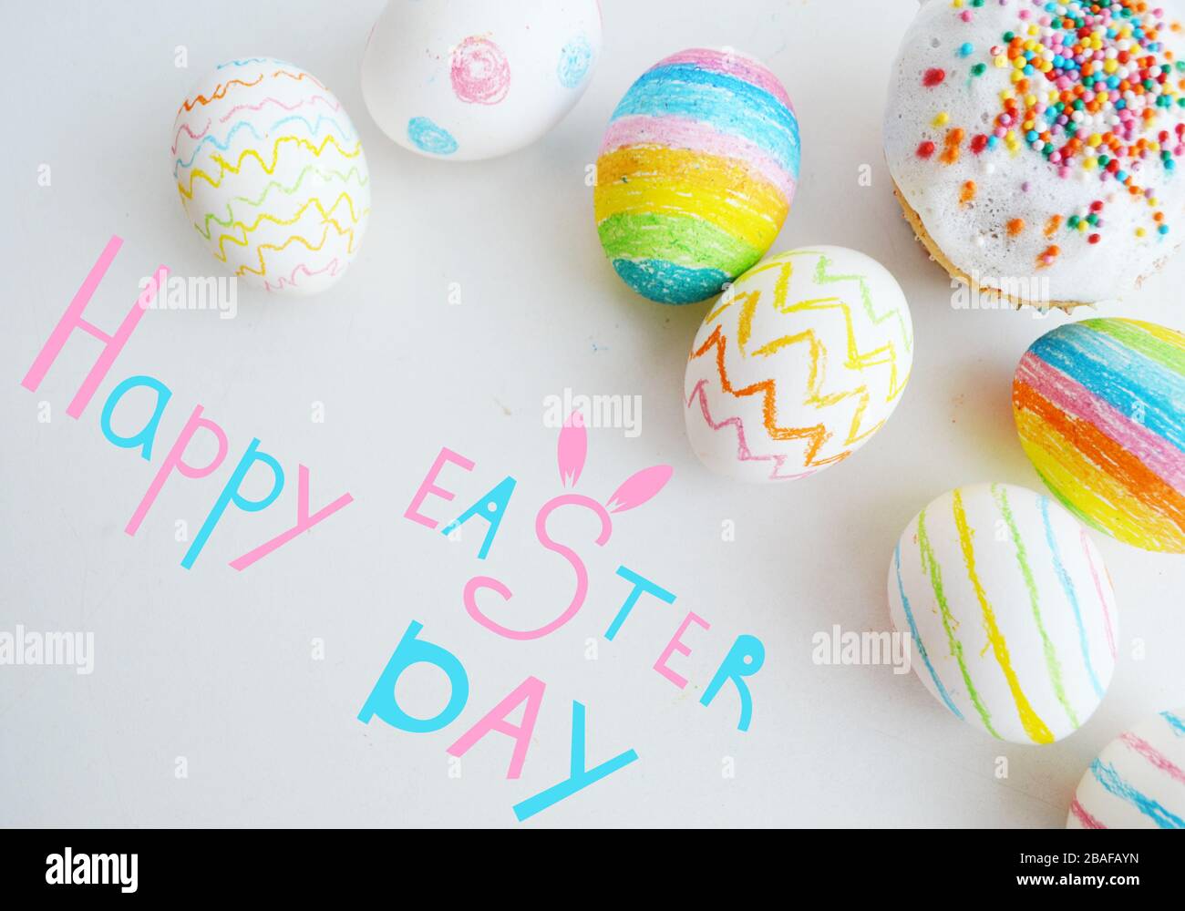 Easter. Colored eggs and cakes. Lettering, congratulations. Design for ...