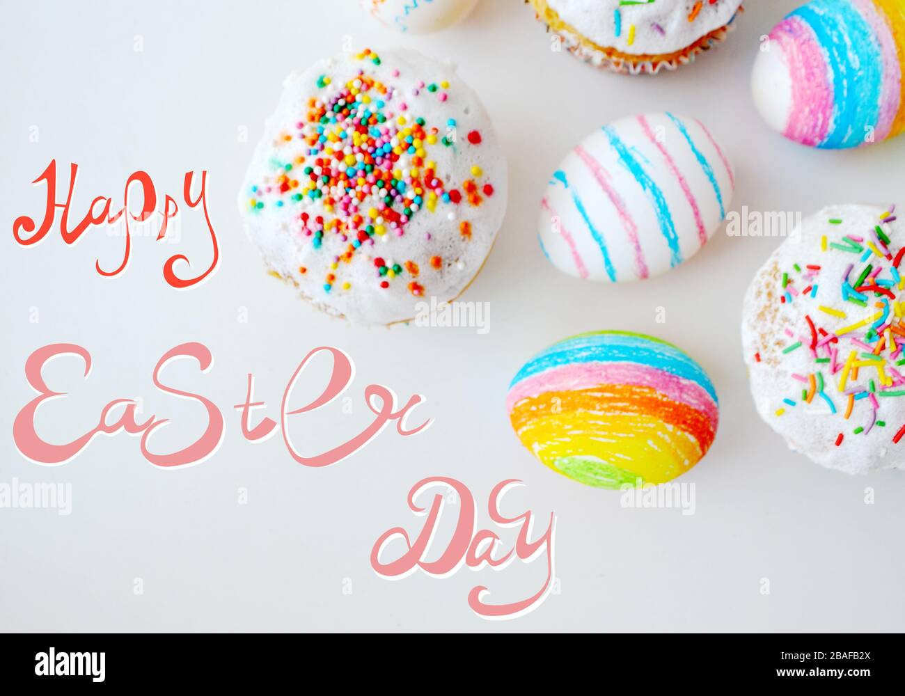 Easter. Colored eggs and cakes. Lettering, congratulations. Design for ...