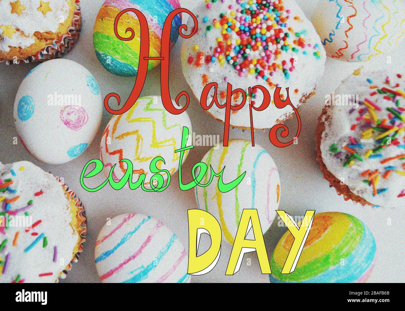 Easter. Colored eggs and cakes. Lettering, congratulations. Design for ...